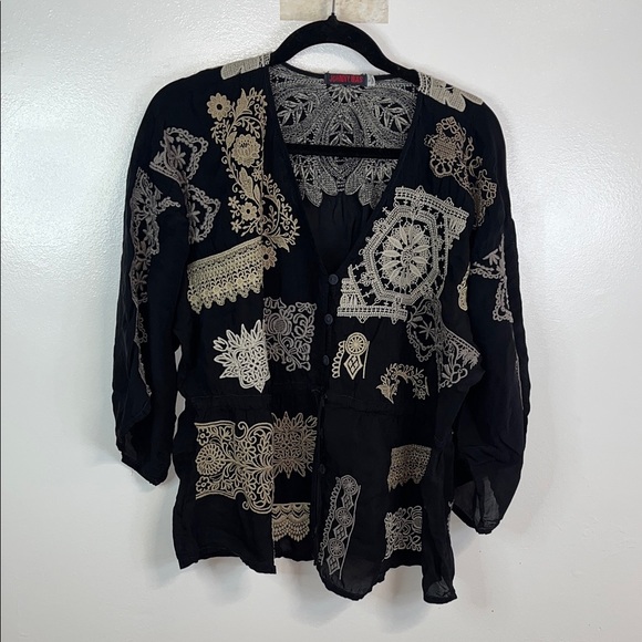 Johnny Was | Tops | Johnny Was Black Top With Intricate Cream Patterns ...